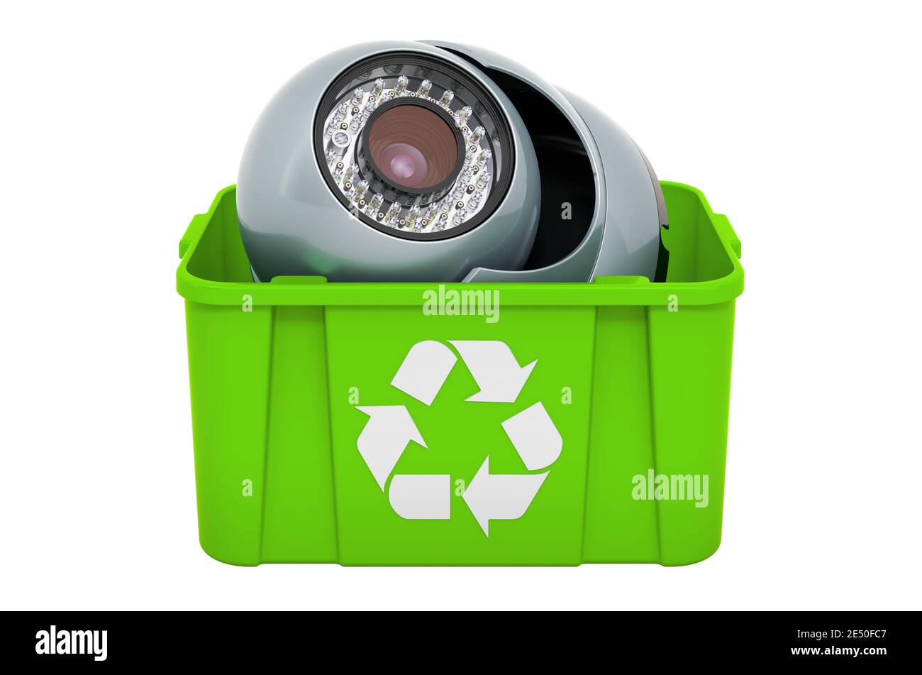 Recycling trashcan with security camera, 3D rendering isolated on white ...