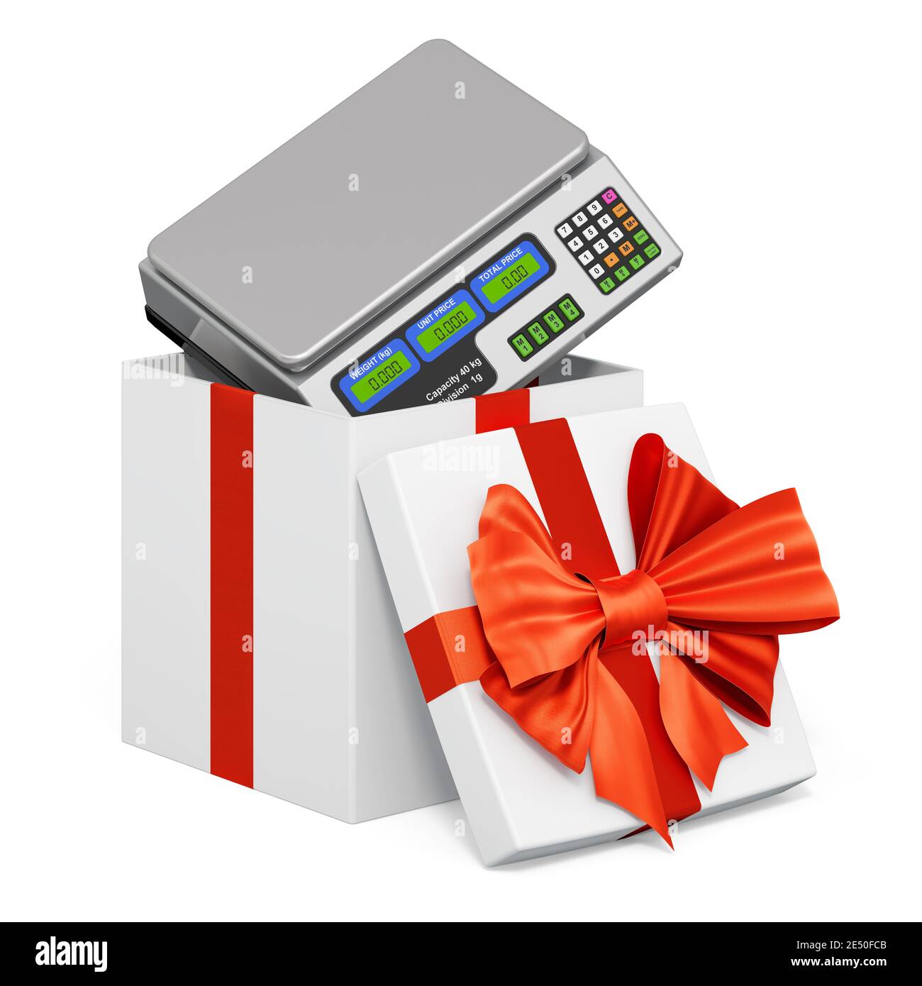Price computing scale inside gift box, present concept. 3D rendering ...