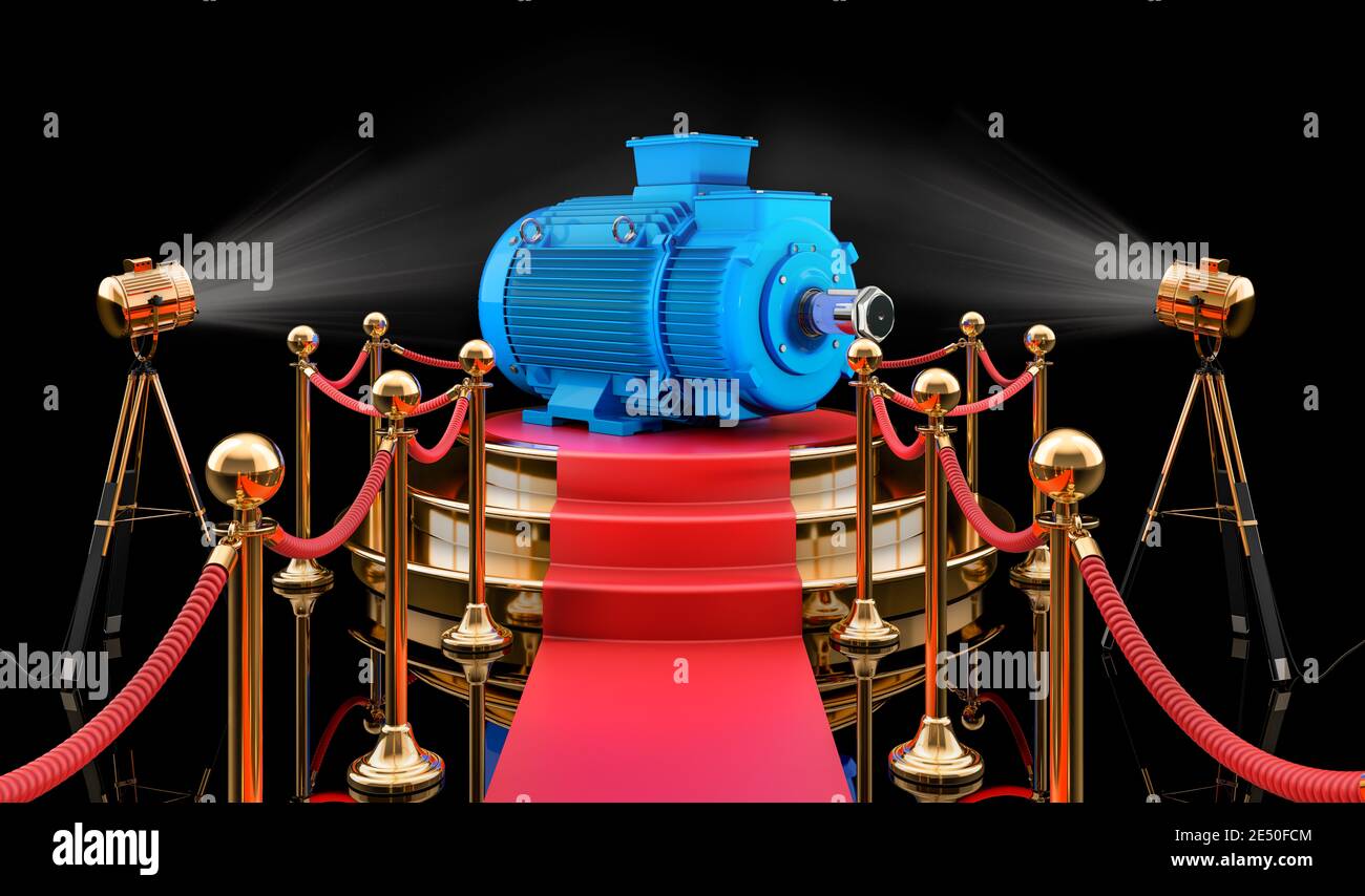 Podium with electric motor, 3D rendering isolated on black background ...