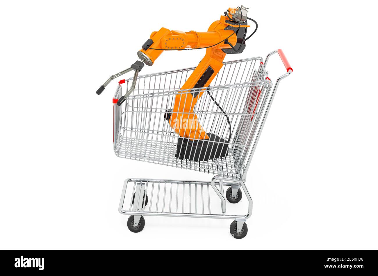 Shopping cart with mechanical robot arm. 3D rendering isolated on white ...