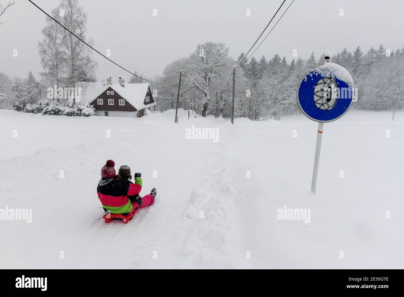 road sign snow chains, Winter in Krkonose mountains, Czech Republic ...