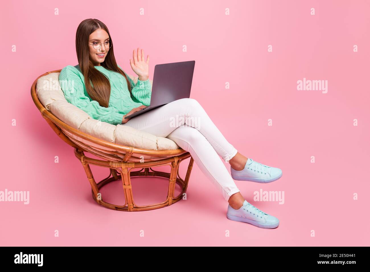 Full body photo of attractive long hairdo person speak video call ...