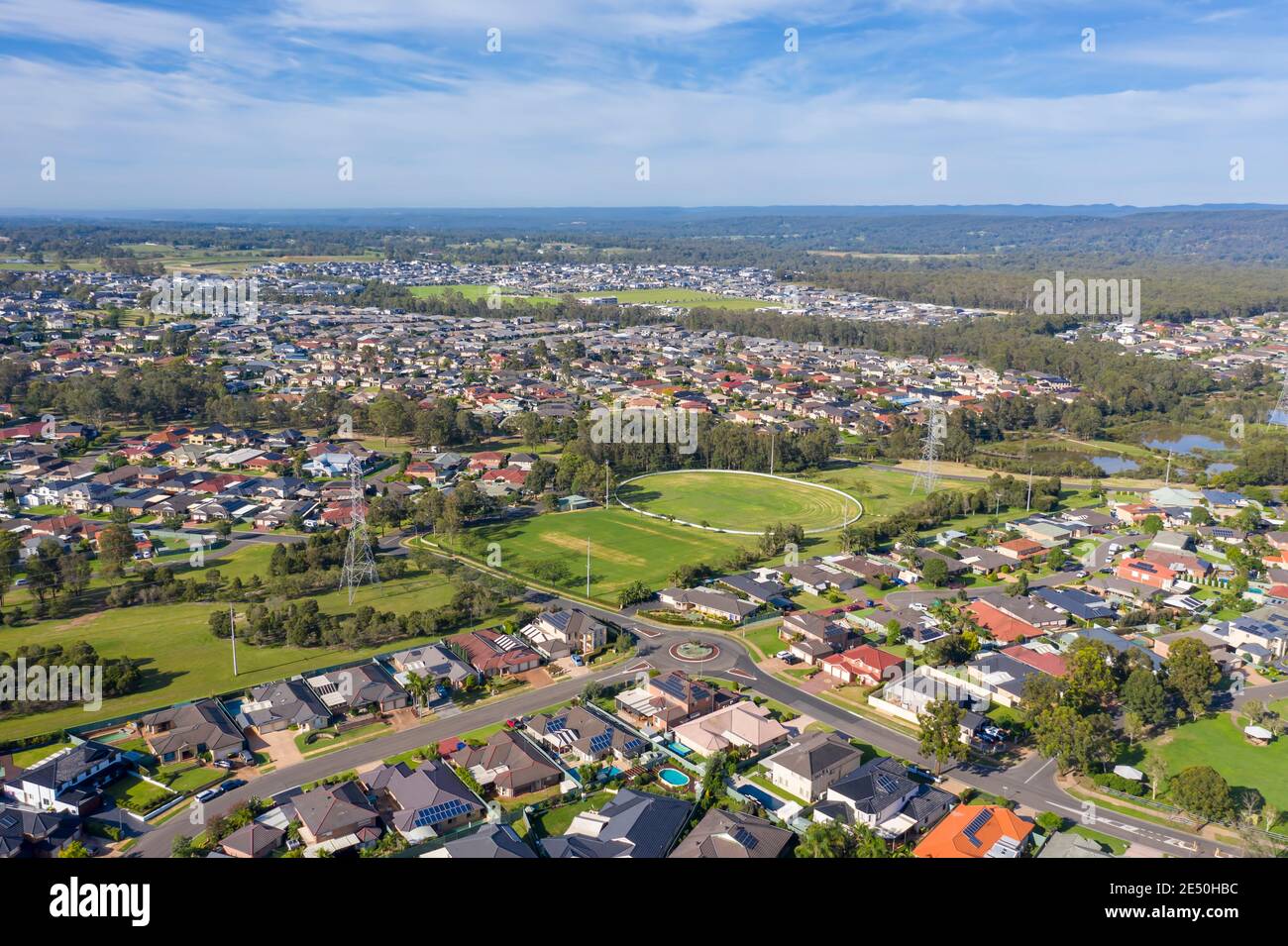 Aerial view of the suburb of Glenmore Park in New South Wales in ...