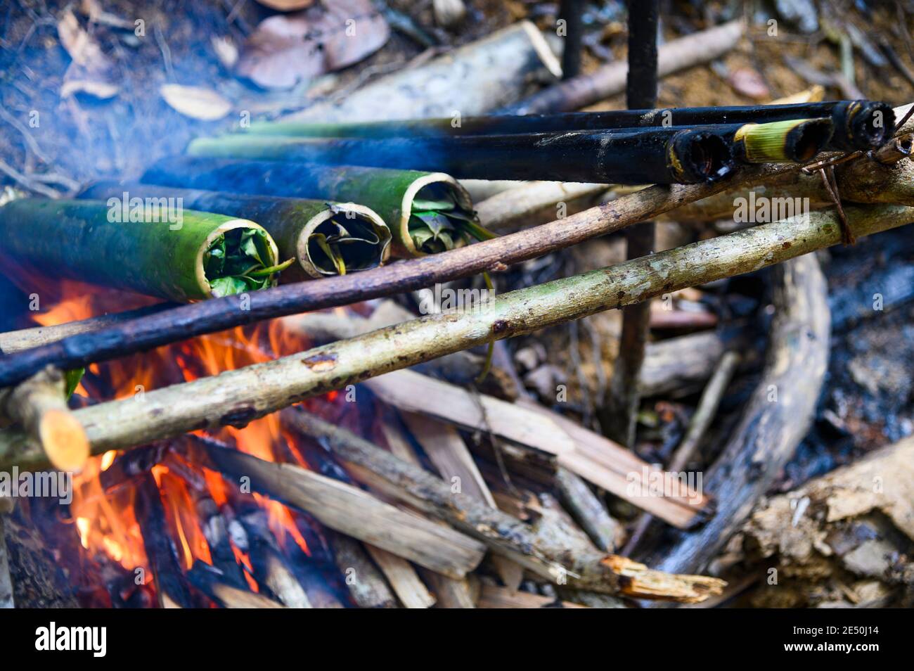 using bamboo poles over open fire to cook food Stock Photo - Alamy