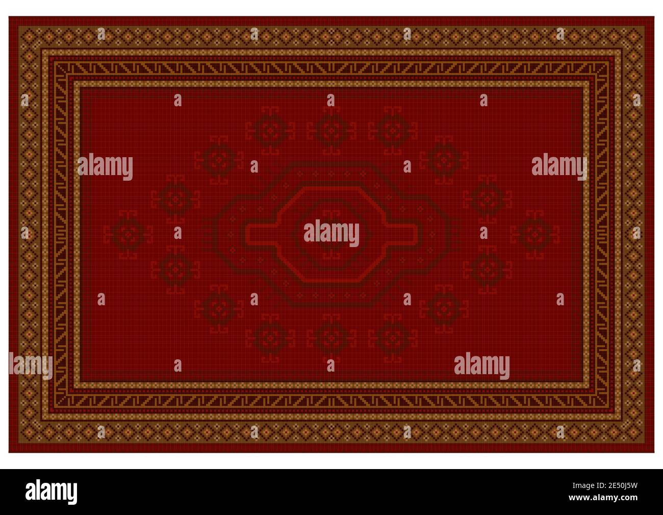 Vintage carpet in red tones with yellow, maroon, brown and beige ethnic ...