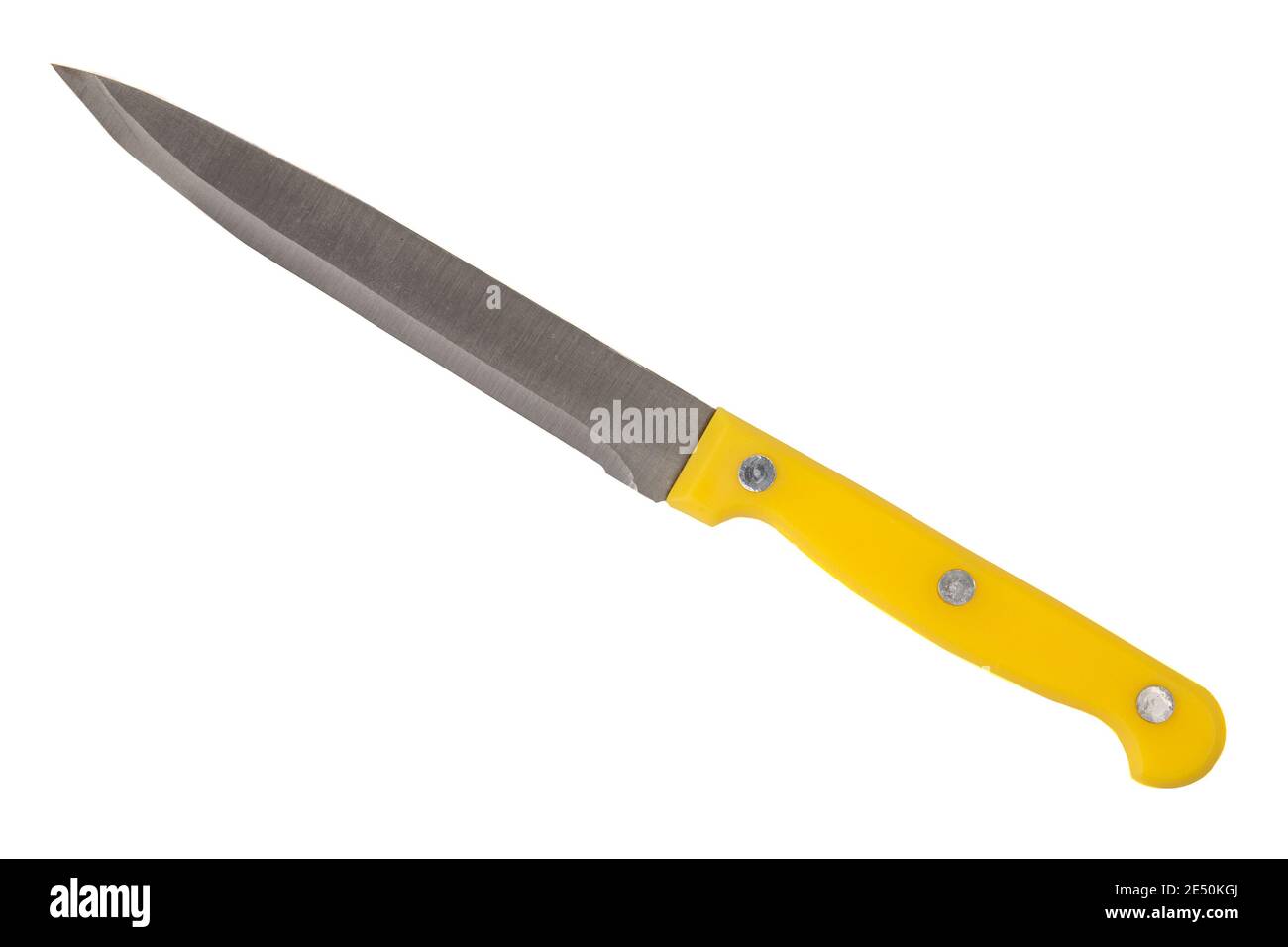 A 6-inch kitchen stainless knife with plastic yellow handle isolated on ...