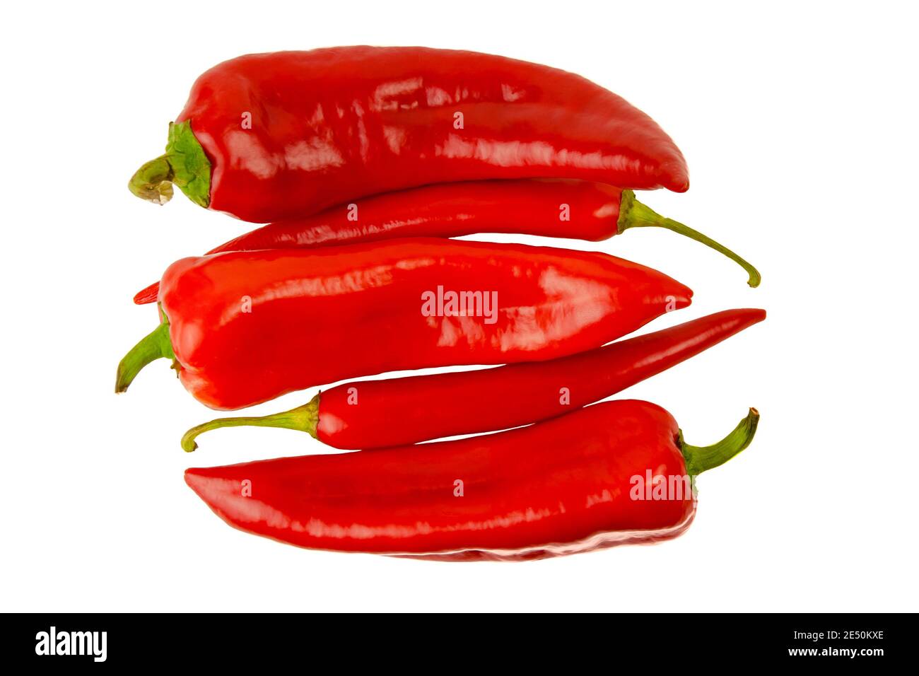 Long sweet peppers and hot cayenne peppers mix isolated on white ...