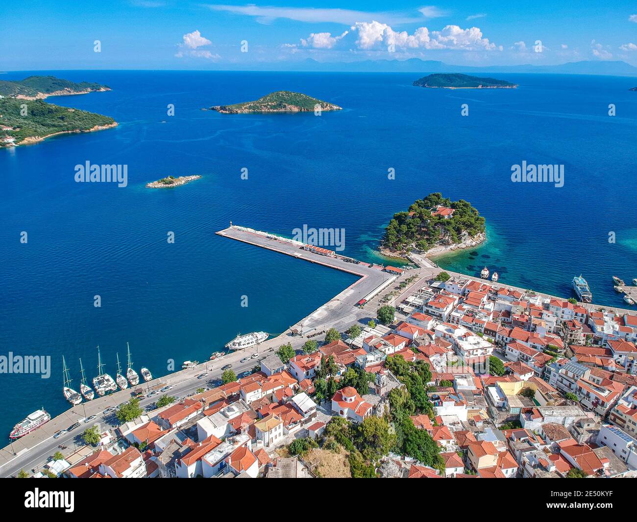 Aerial panoramic view over Chora town in Skiathos island, Sporades ...