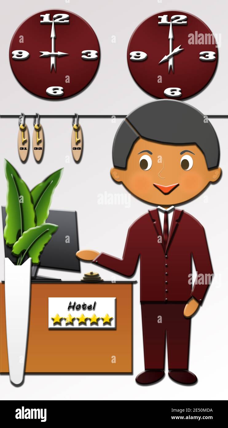 Cartoon of a cute Happy Hotel Receptionist, in a uniform, with keys and ...