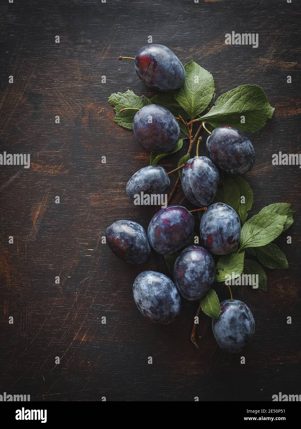 Fresh plums with green leaves on rusty background. Overhead shot with ...