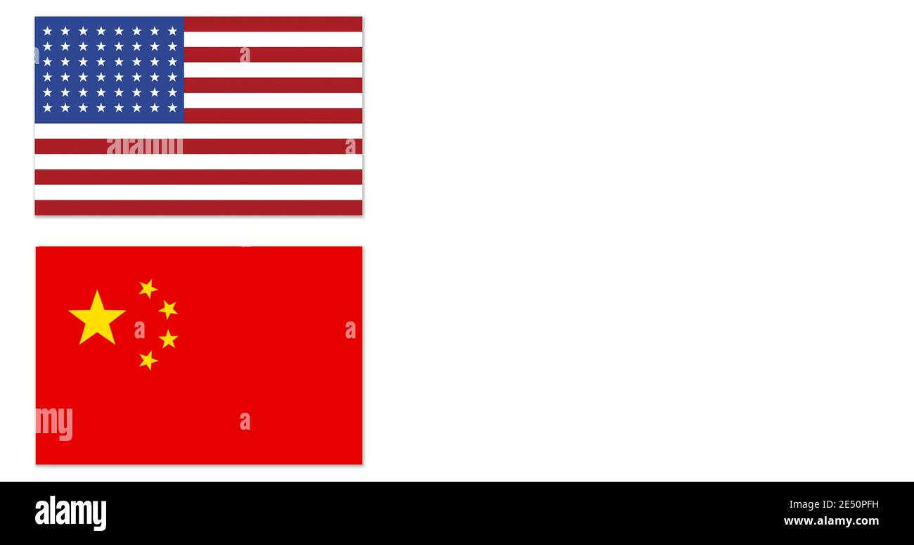 The red Chinese flag and the American Stars and Stripes flag on a red ...