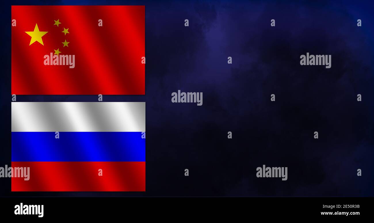The Russian flag and the Chinese flag on a dark red background Stock ...