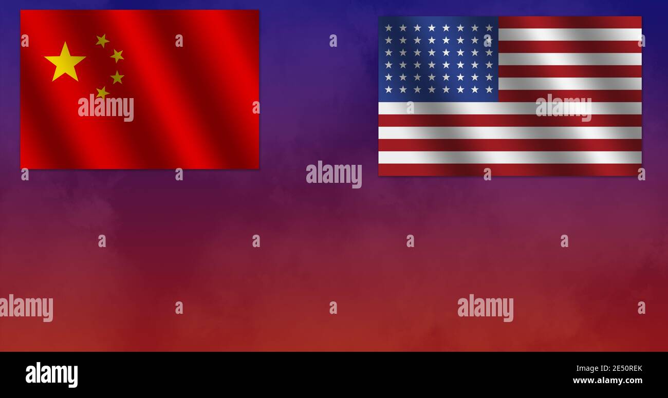 The red Chinese flag and the American Stars and Stripes flag on a red ...