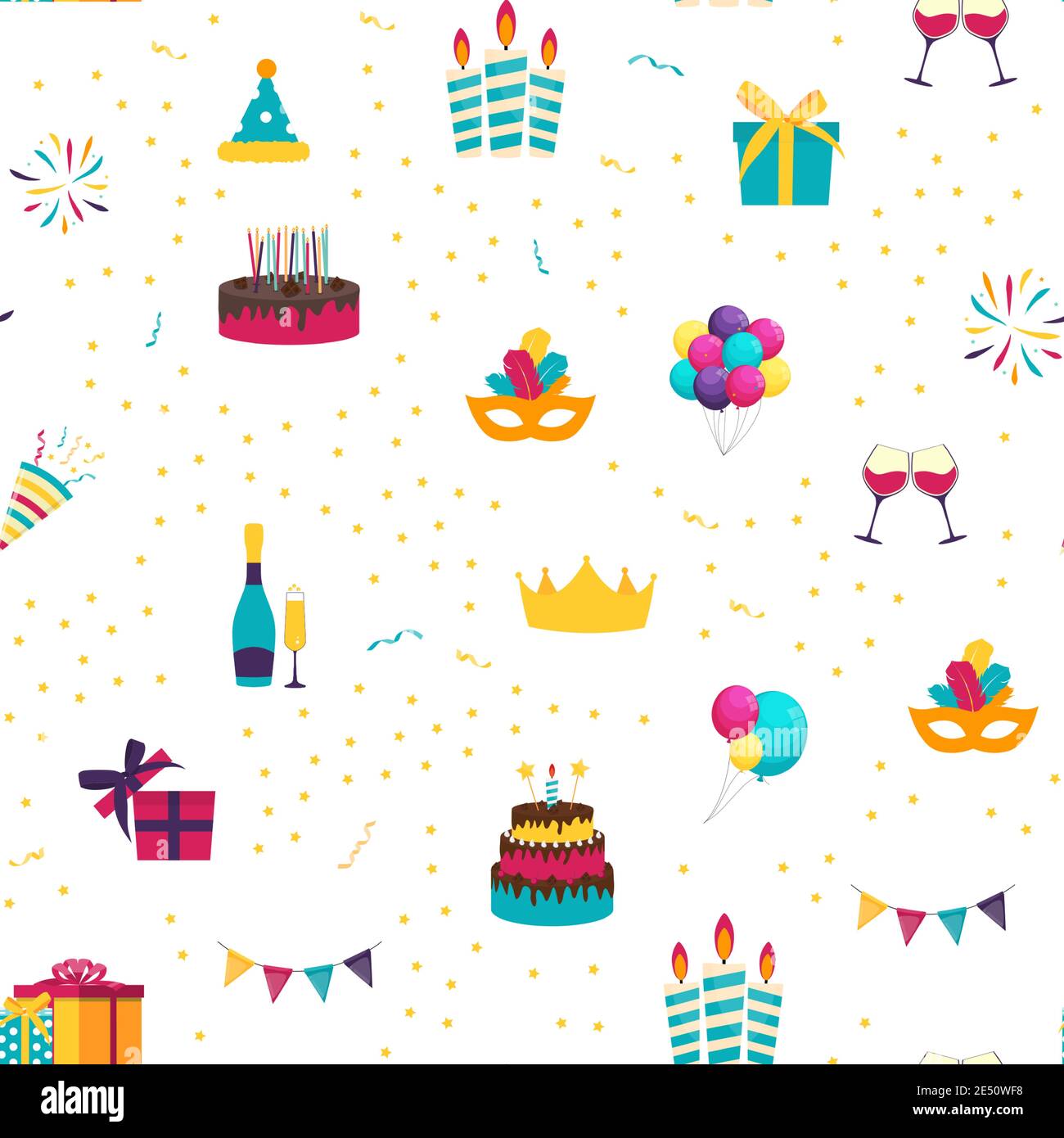 Cute Birthday Seamless Pattern Background with Cake, Candles. Design ...