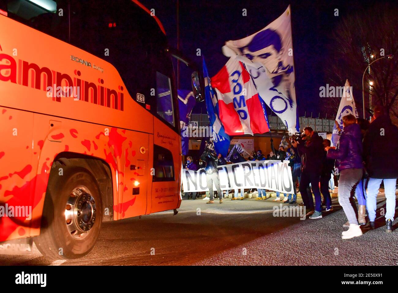 Como, Italy. 25th Jan, 2021. The arrival of the Como team bus before ...