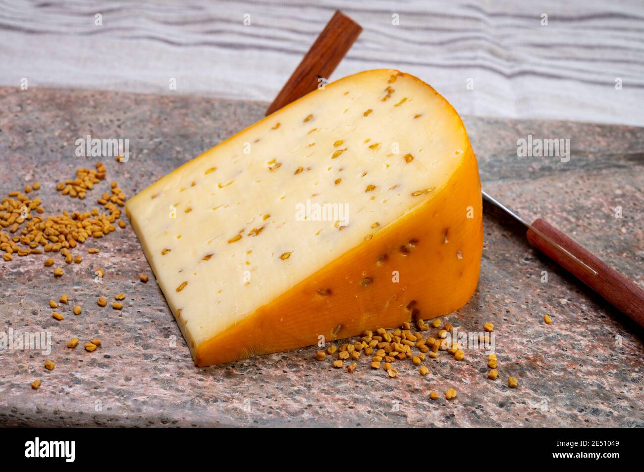 Cheese collection, piece of hard yellow Dutch gouda cheese with dried ...