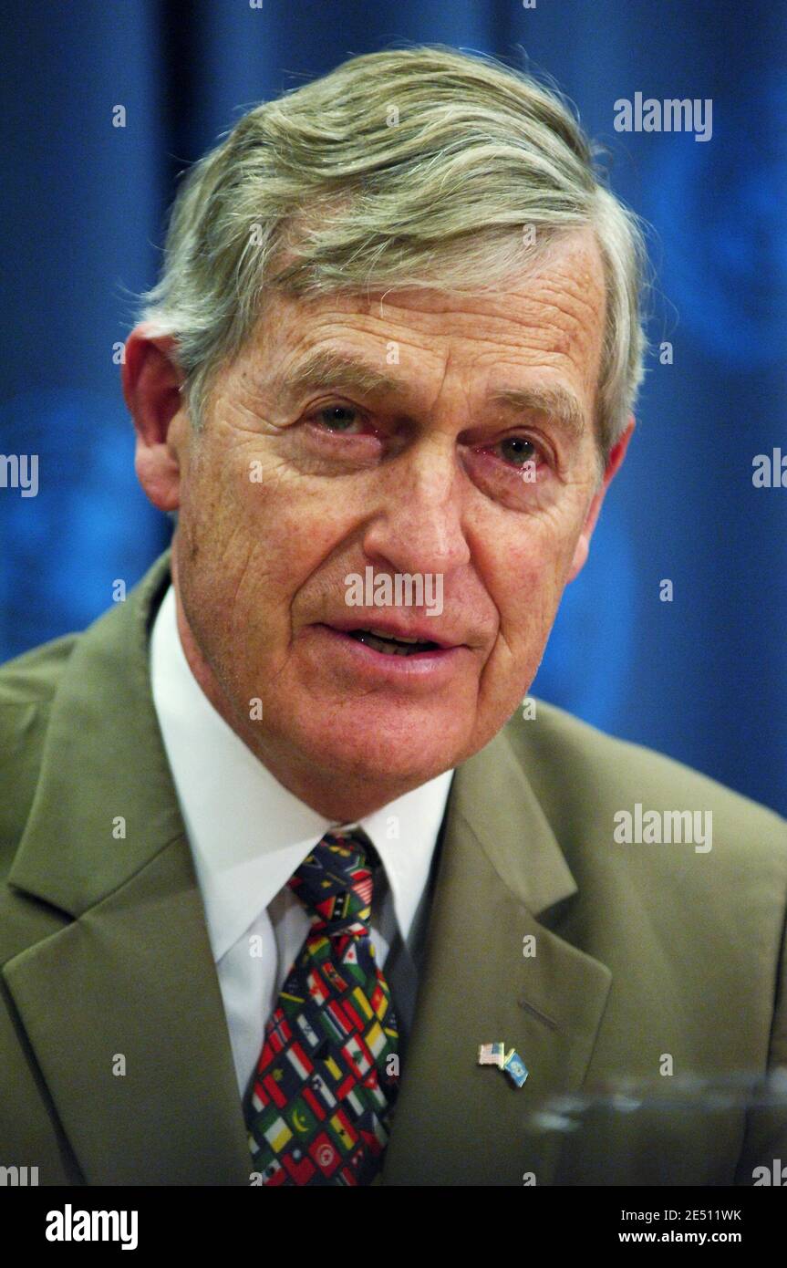 Tim Wirth, President of the UN Foundation speaks at a UNIFEM press conference at the United ...