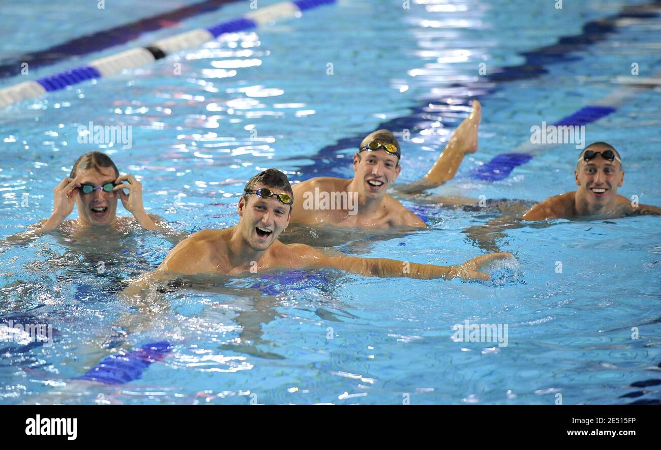 French 4X100M relay (L to R) Amaury Leveaux, Alain Bernard, Frederick ...