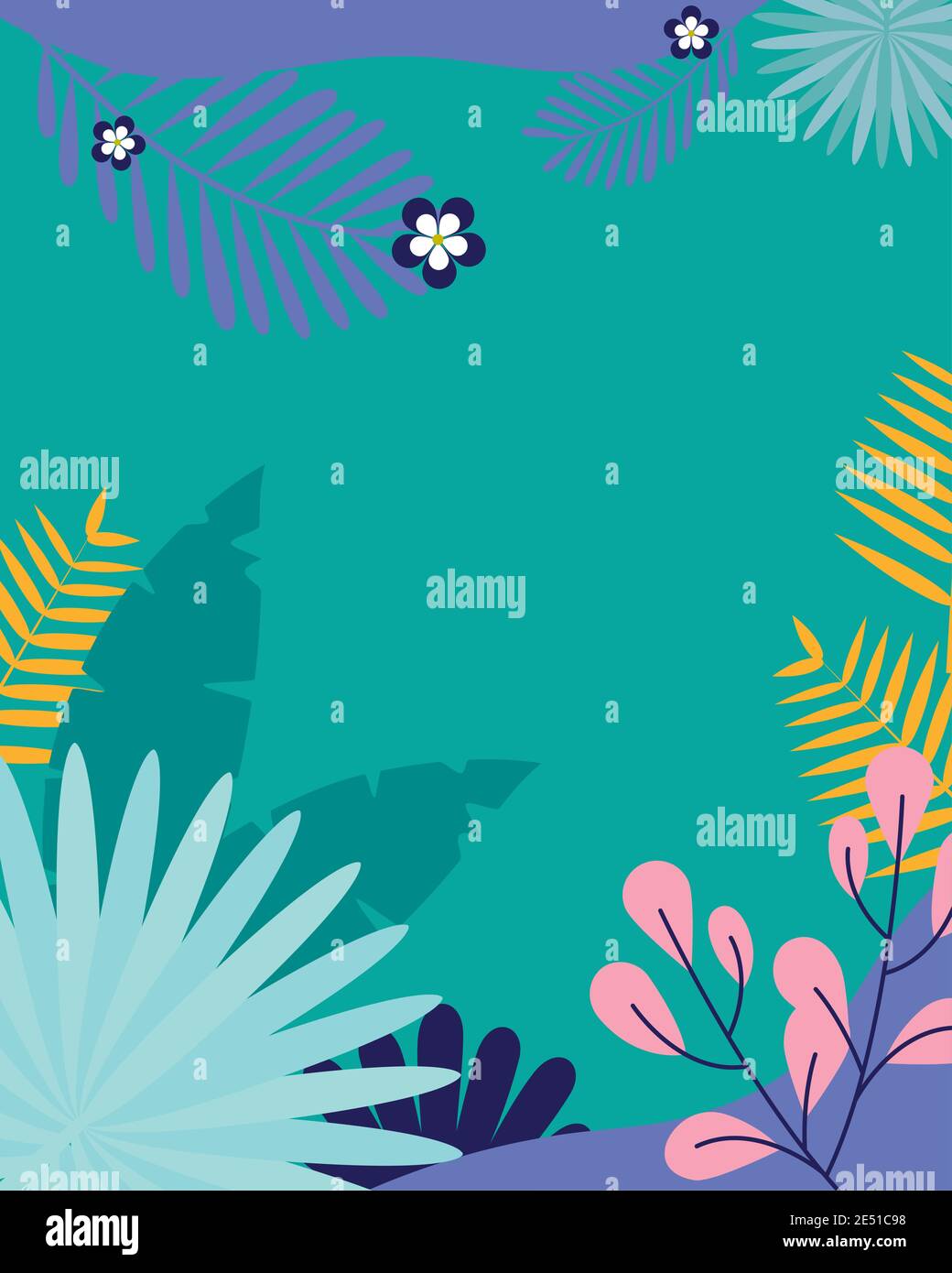 turquoise background with colorful leaves and flowers, vector ...