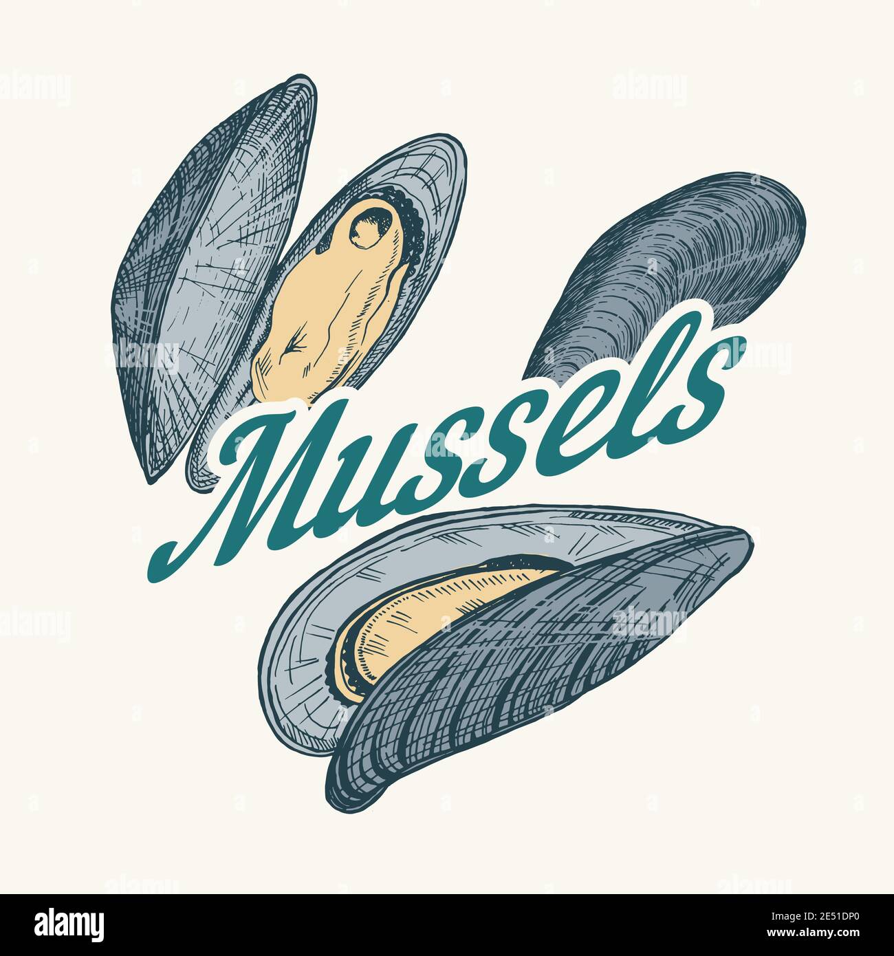 Mussels badge or logo in vintage retro style. Nautical molluscs label ...