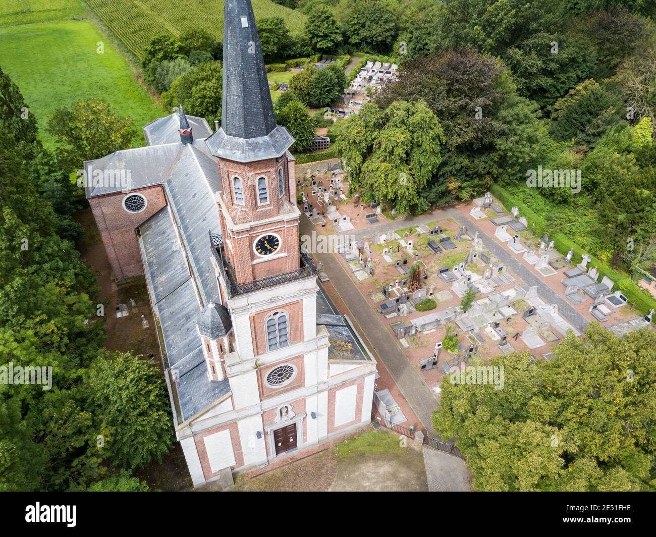Aerial view of the church of Doel and its graveyard surrounded by ...