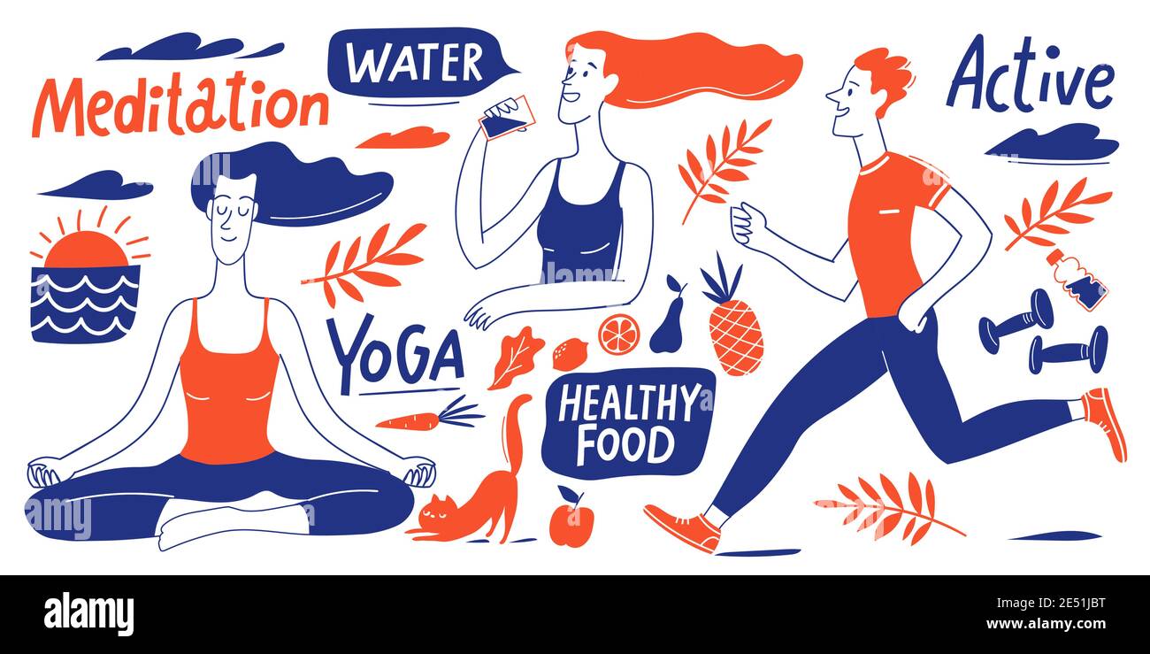 Healthy lifestyle vector design with people, elements and lettering ...