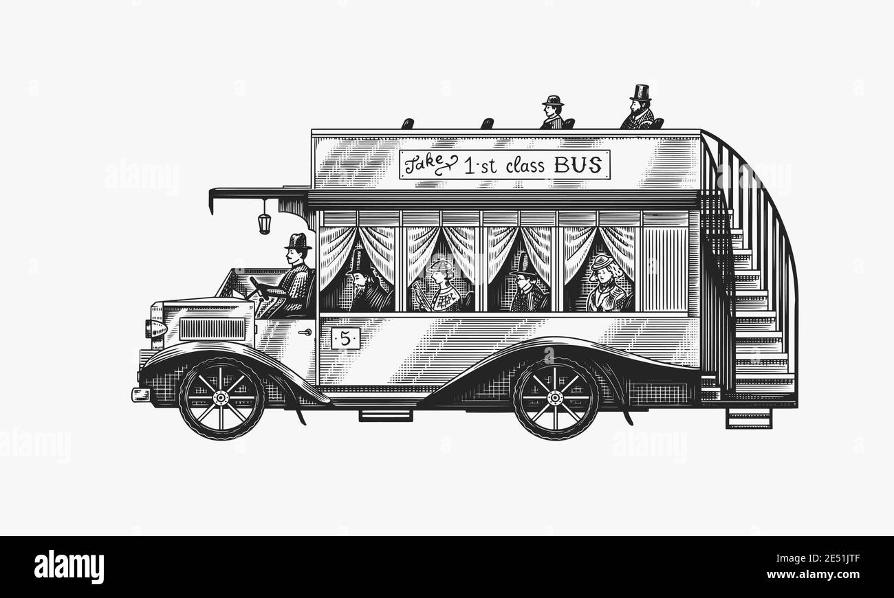 Vintage bus with tourists. Two-story old retro transport. British ...