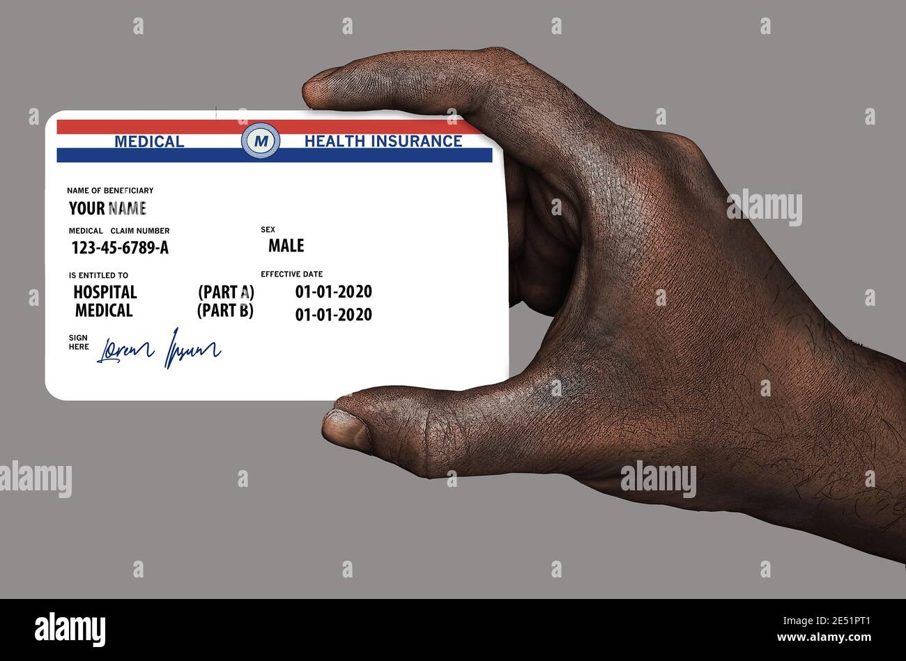A generic mock national health insurance card is held in the hand of an ...