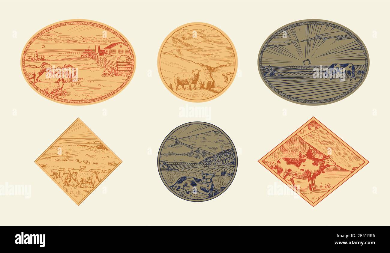 Rural meadow stickers. A village landscape with cows, goats and lamb ...