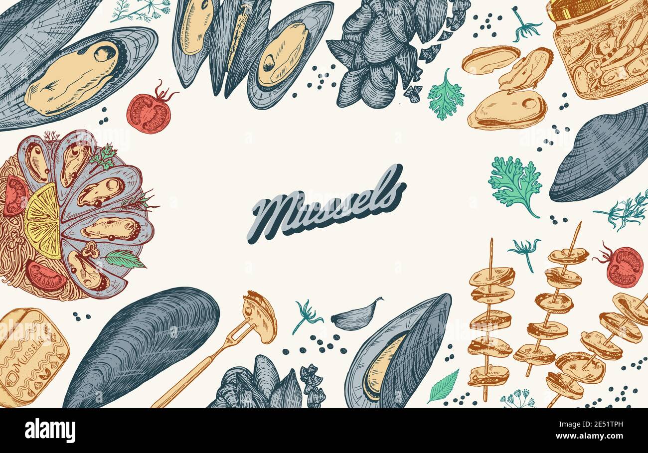 Sea mussels. Poster or banner in vintage retro style. Nautical molluscs ...