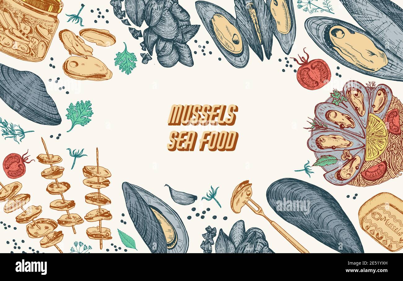 Sea mussels. Poster or banner in vintage retro style. Nautical molluscs ...