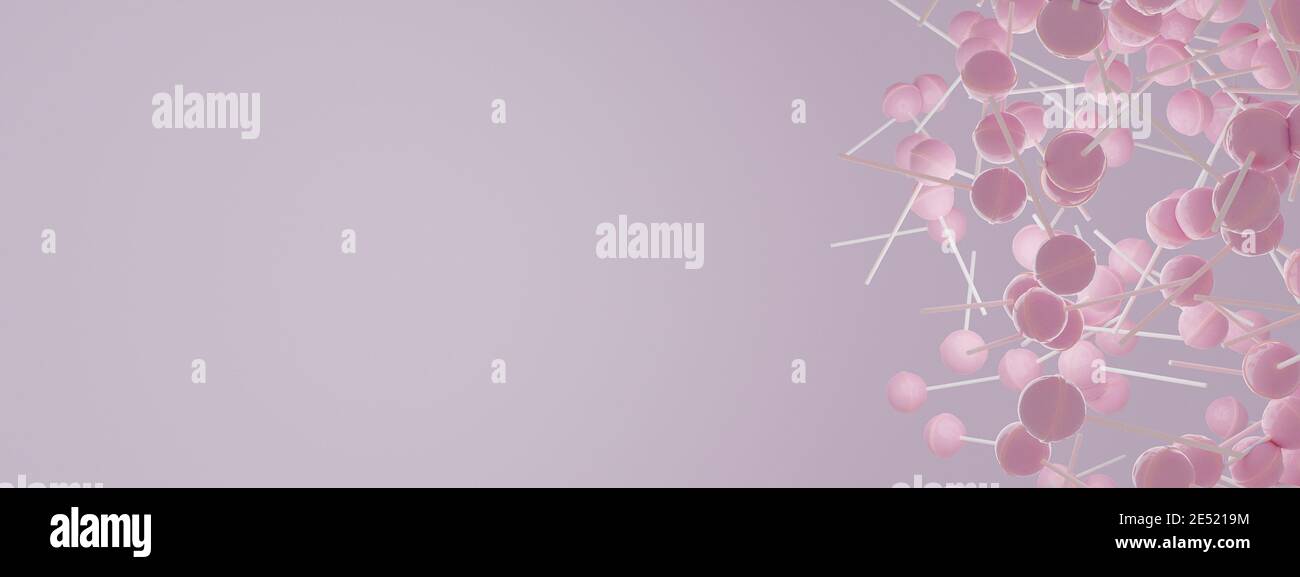 illuminated pink background with lots of strawberry lollipops falling ...