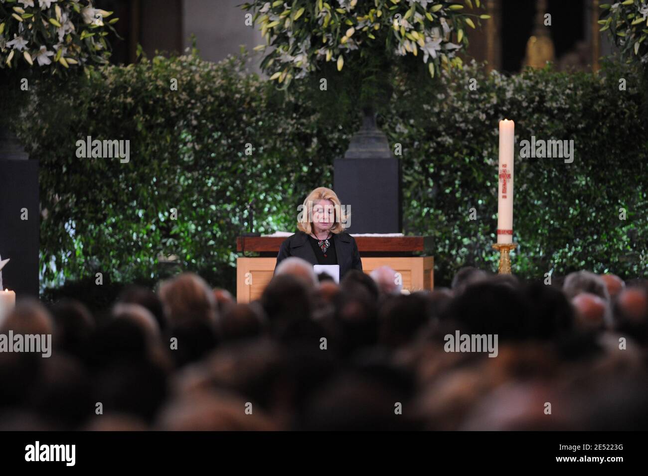 Catherine Deneuve delivers her speach during the funeral of French ...