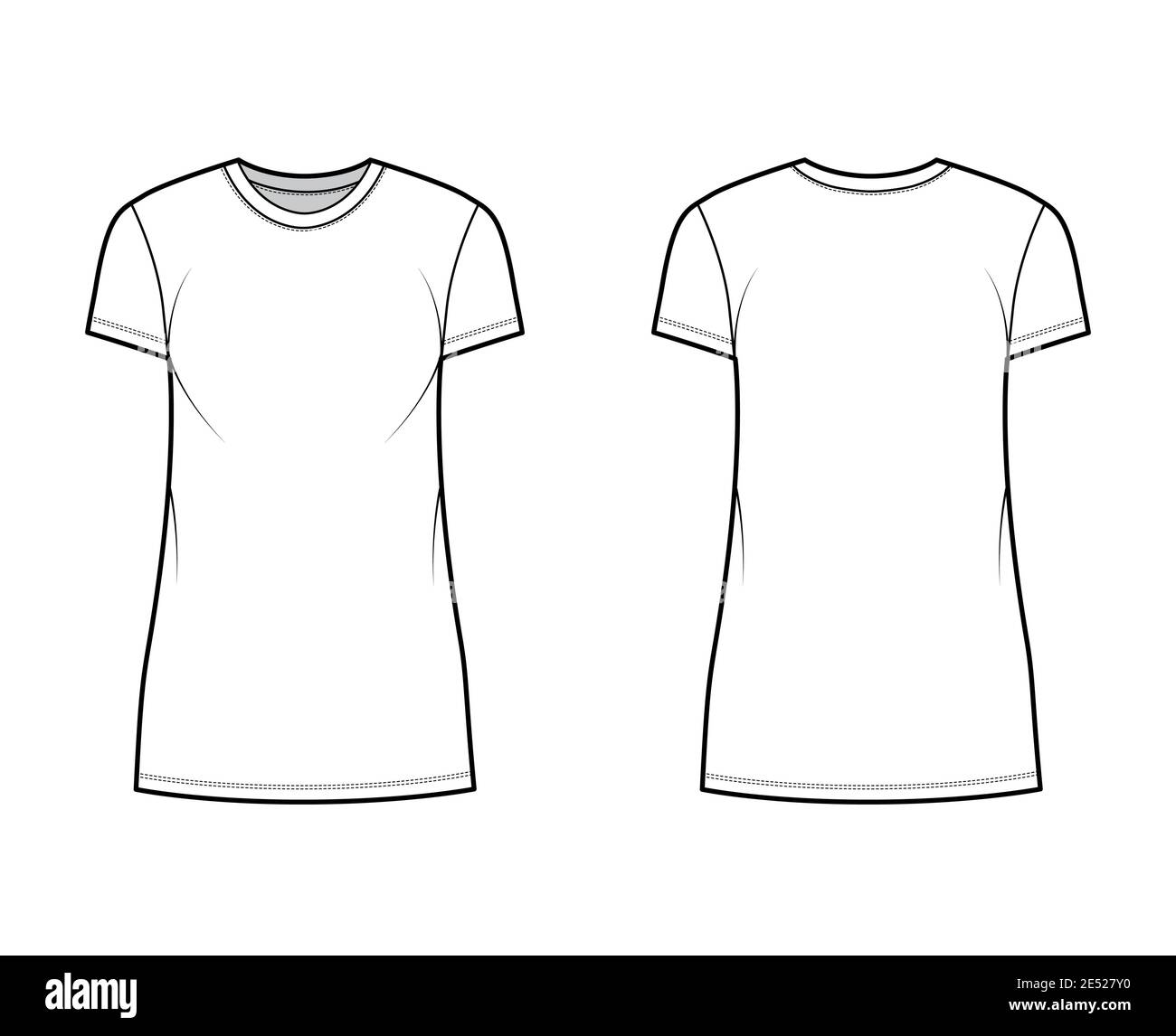 T-shirt dress technical fashion illustration with crew neck, short ...