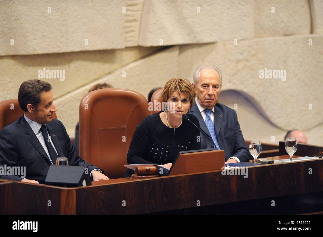 Knesset speaker Dalia Itzik (C) introduces French President Nicolas ...