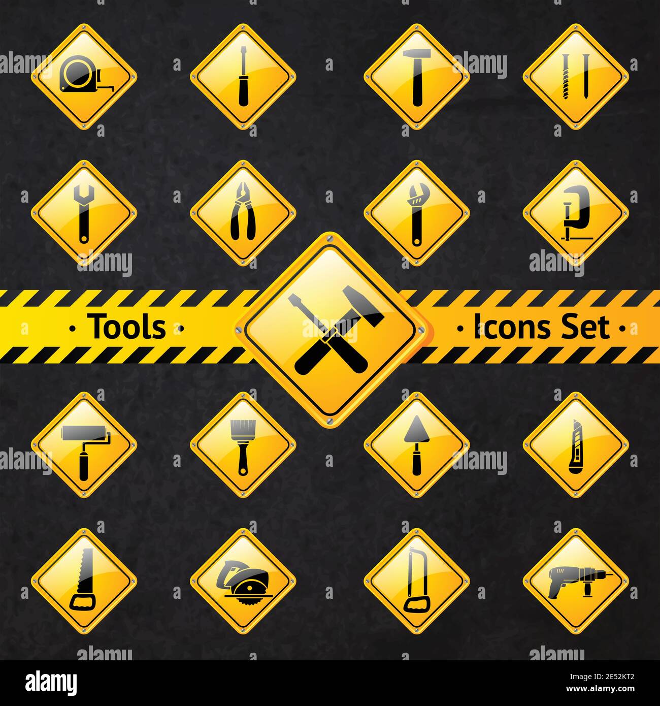 Toolbox attention yellow and black signs collection isolated vector ...