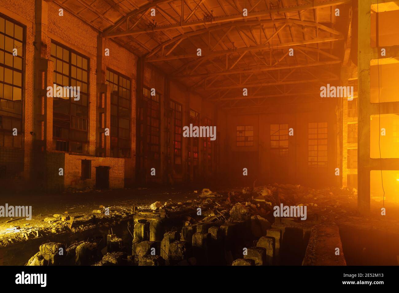 Fire in the factory. Burned by fire industrial building Stock Photo - Alamy