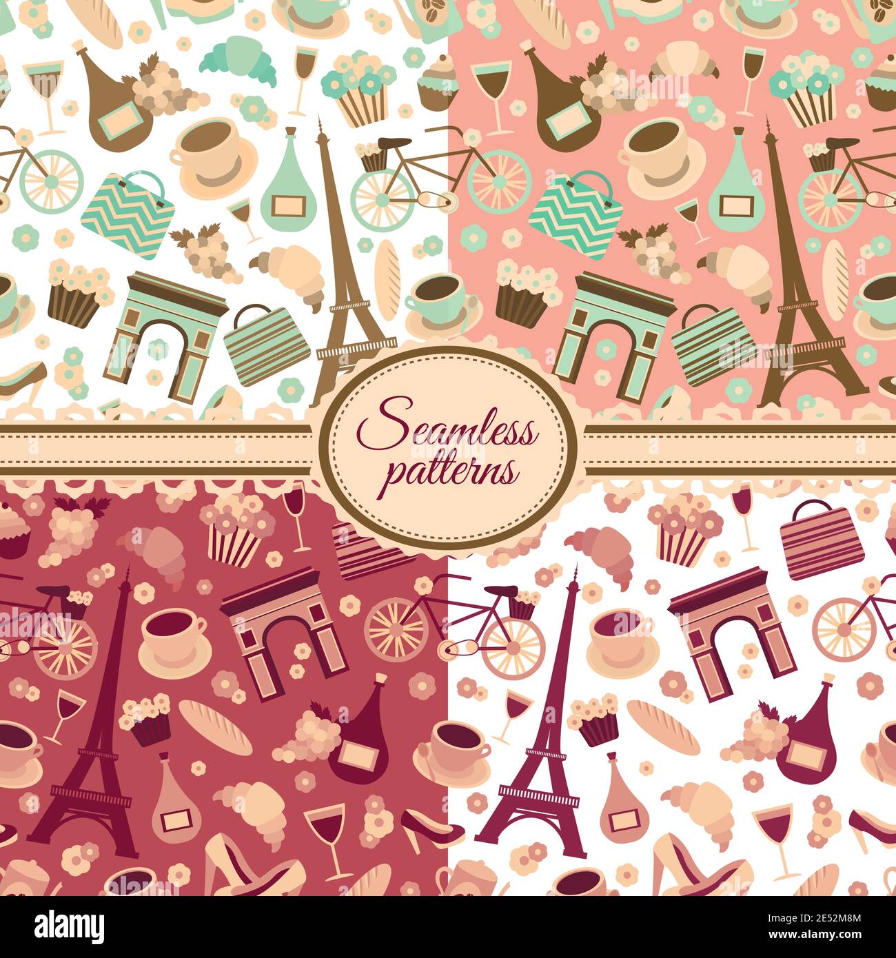 Collection of seamless patterns with Paris landmarks and France symbols ...