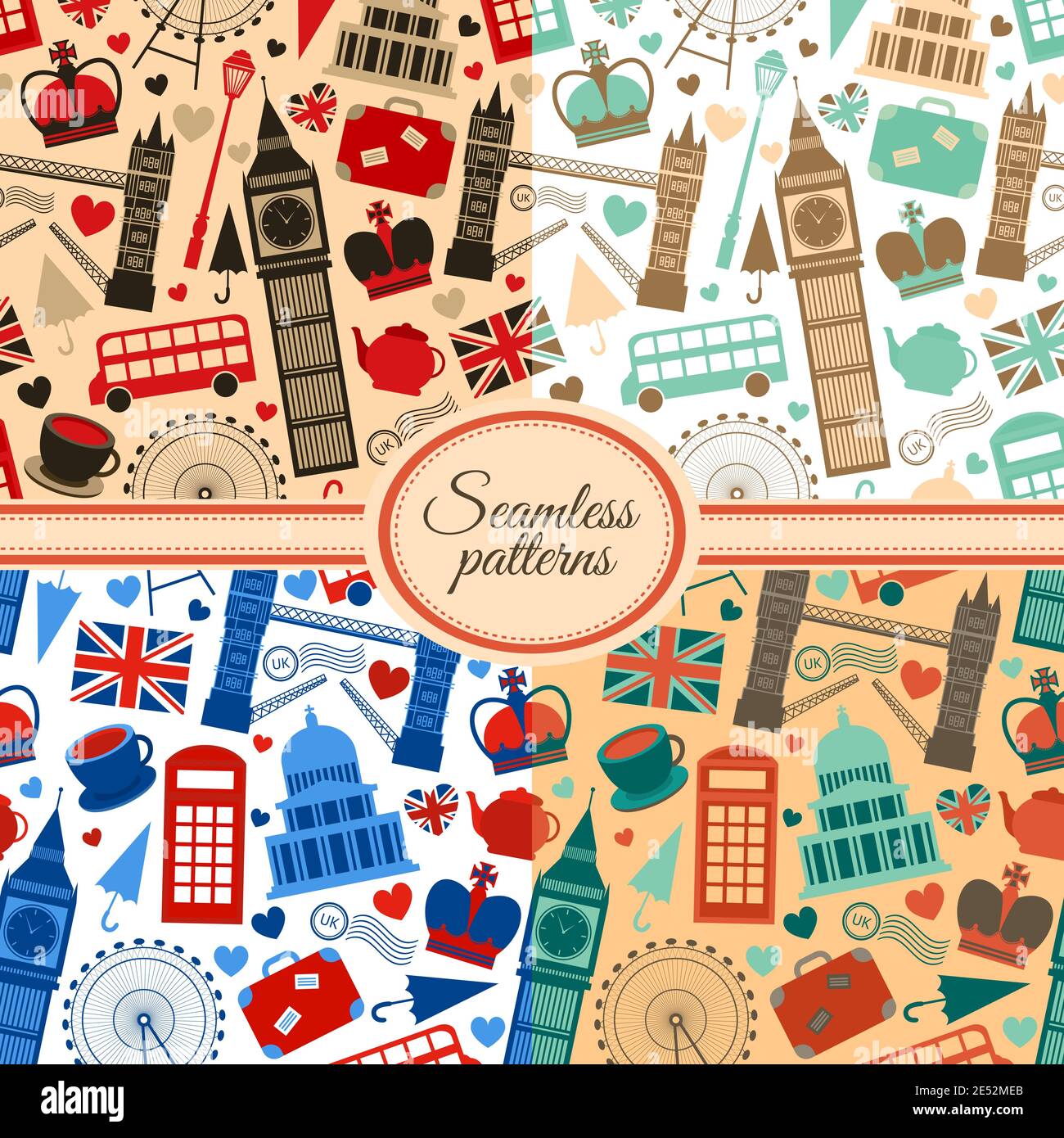 Collection of seamless patterns with London landmarks and Britain ...