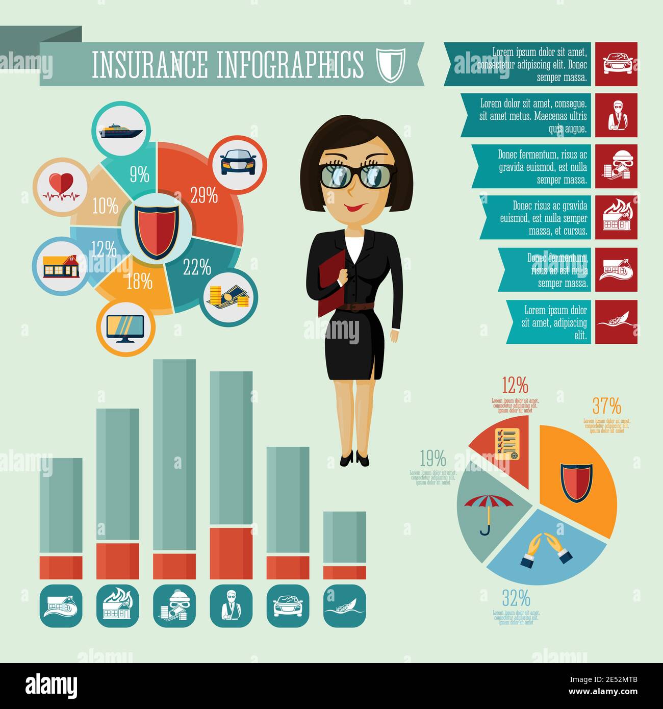 Businesswoman hipster girl insurance company agent infographic ...