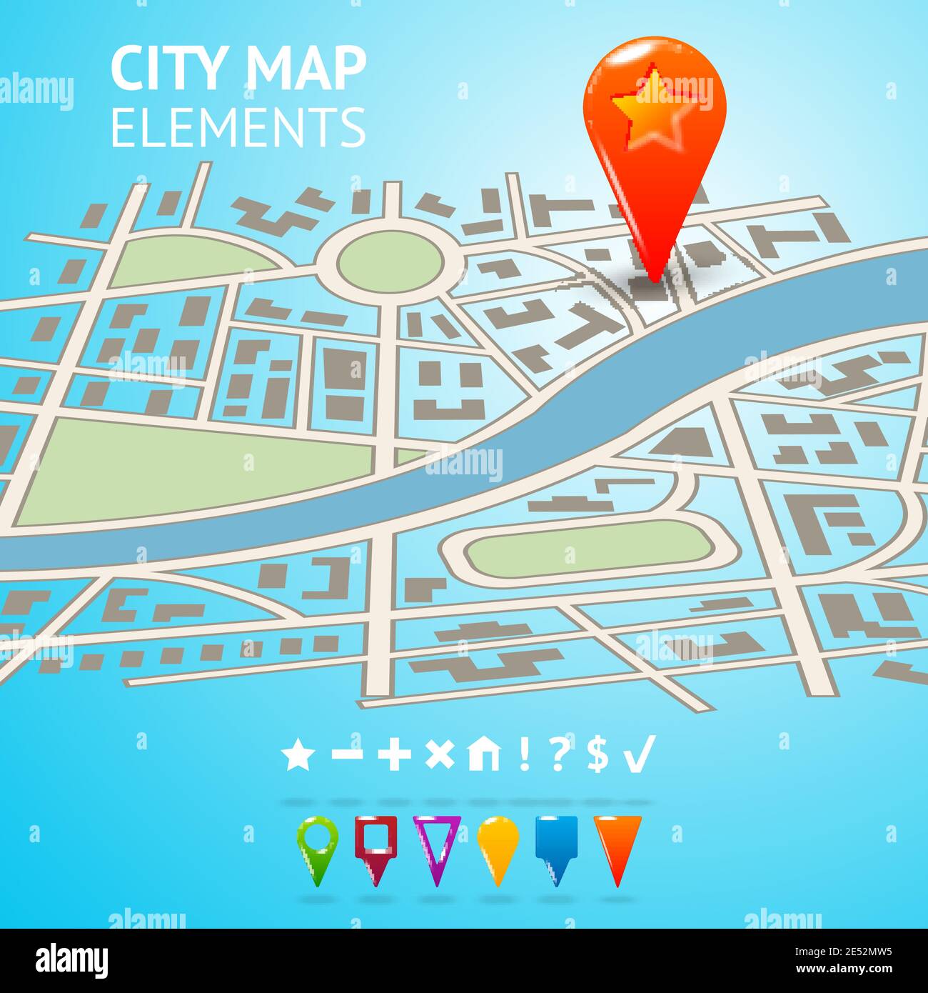 City street road route decorative map with navigation markers and pins ...