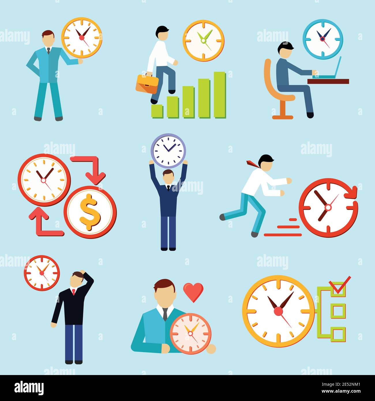 Decorative set of flat time management icons with working people vector ...