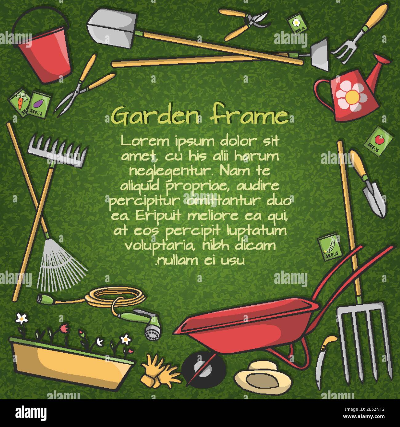 Decorative frame of garden accessories instruments and tools on green ...