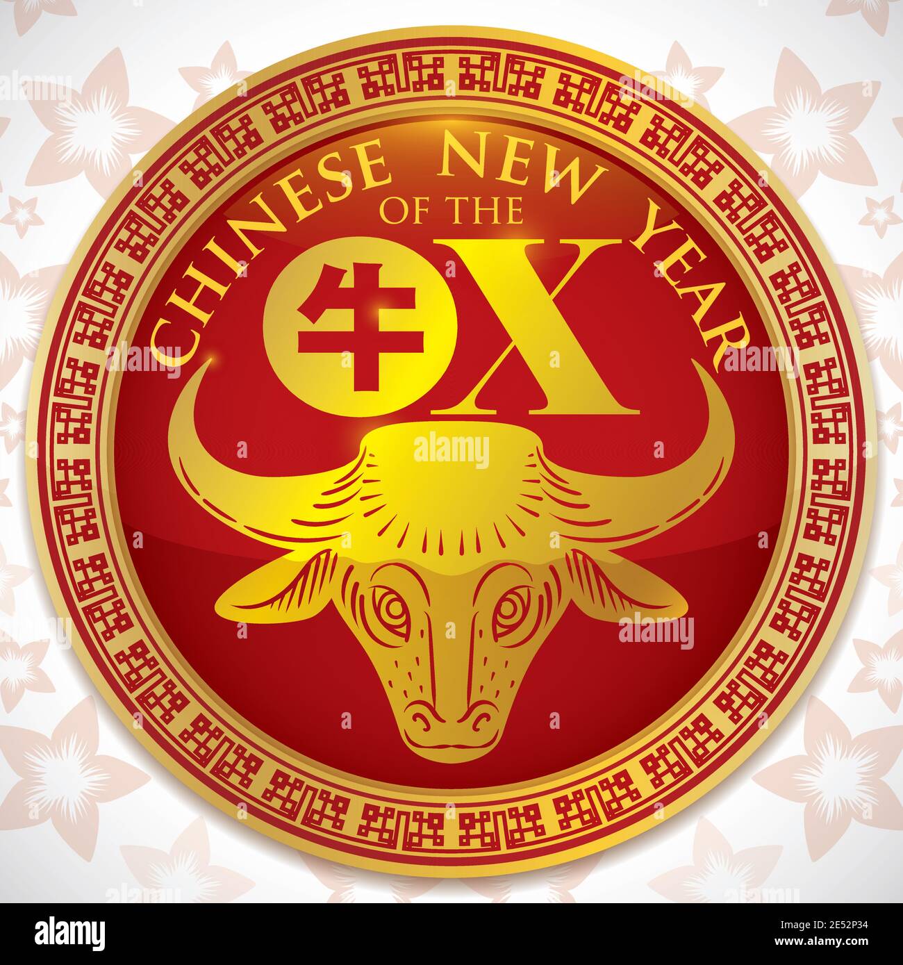 Beautiful golden and red button with ox head inside of it over floral ...