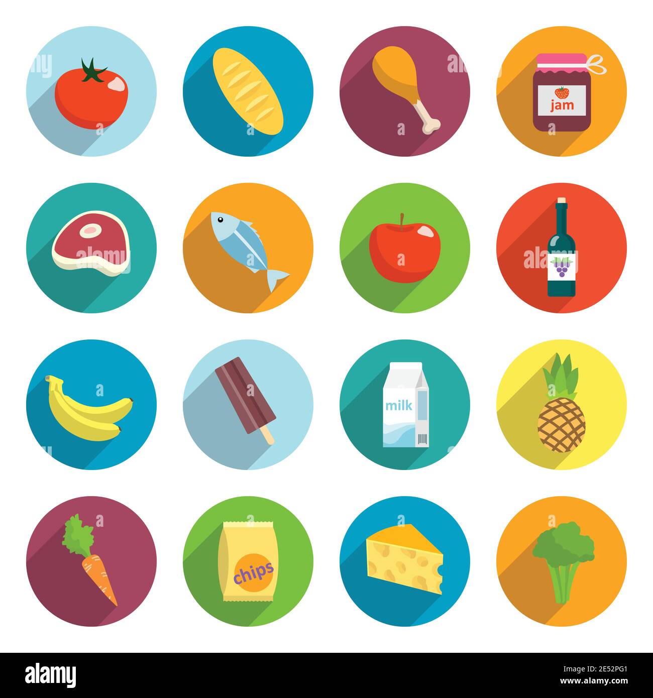 Online supermarket foods flat icons set of meat fish fruits and ...