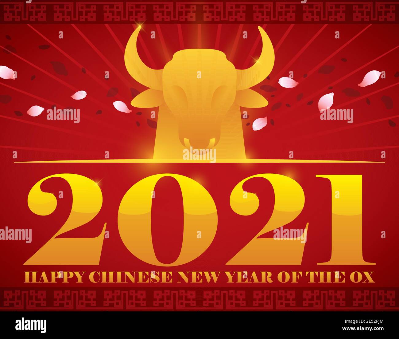 Beautiful golden ox head silhouette with peach petals around it, ready ...