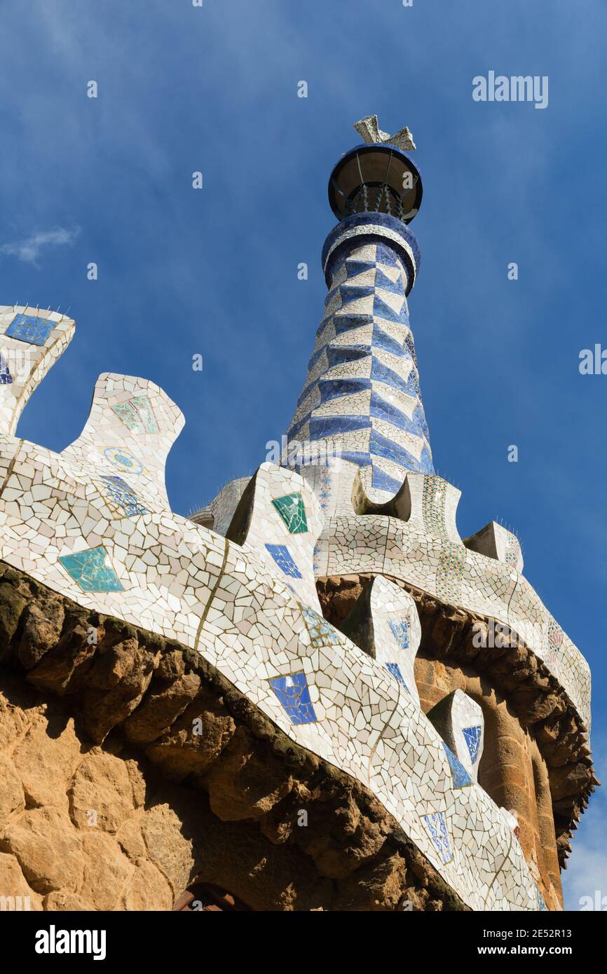 Barcelona Spain Entrance tower with spire in Park Guell designed by ...