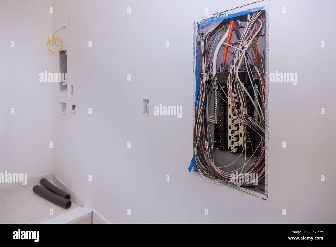 Close up circuit breakers and wire in control panel electrical ...