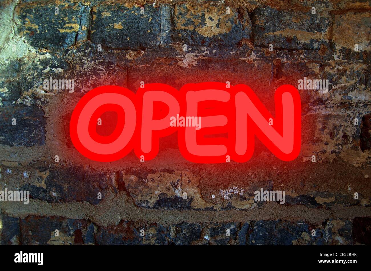 Textured exposed brick wall with photo edit Open sign in neon like ...