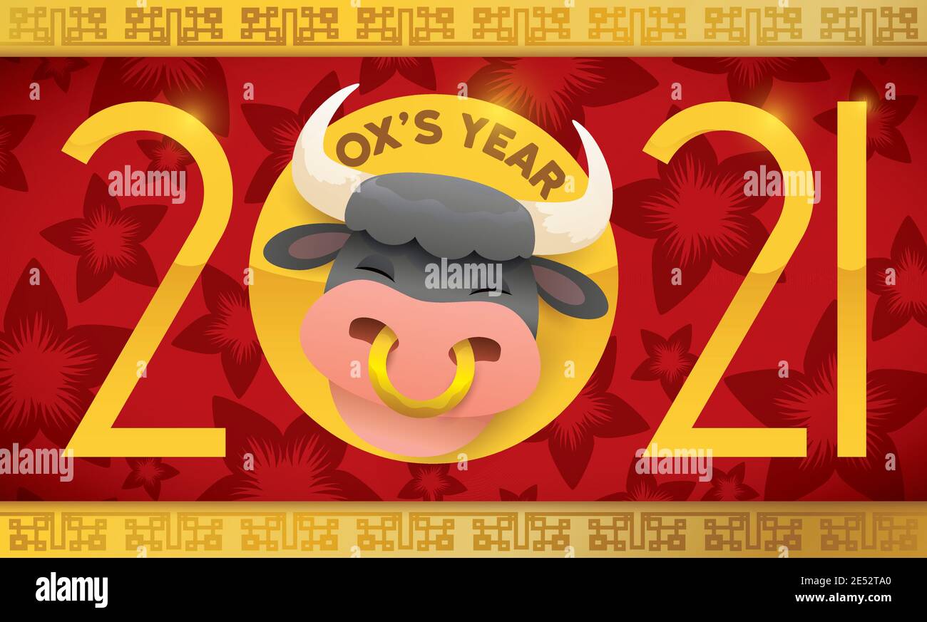 Cute, smiling ox over a golden number and cherry blossom background ...